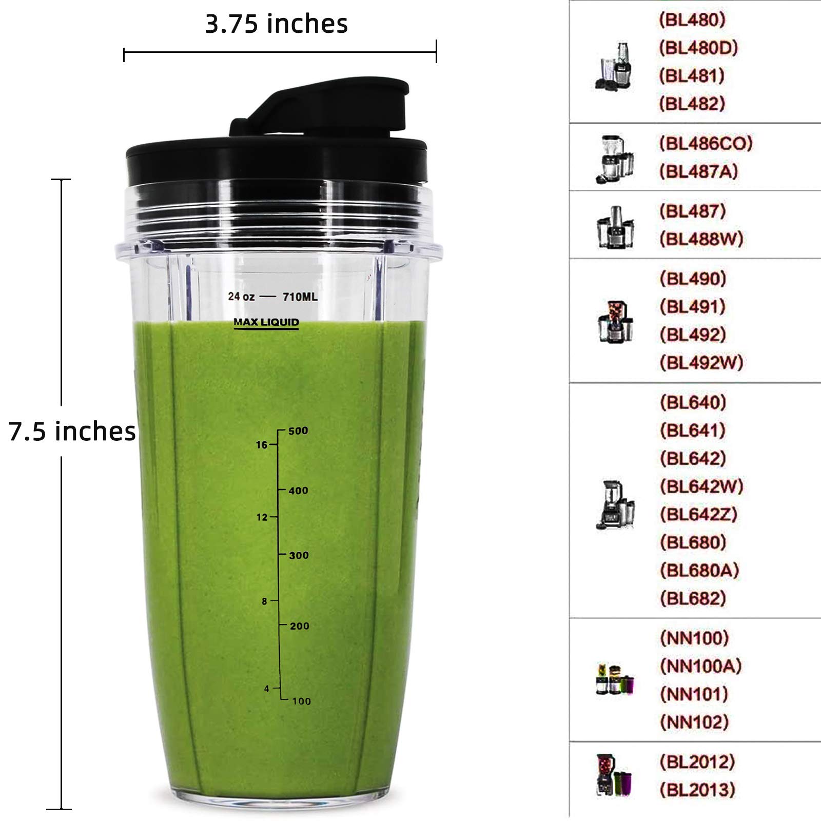 24 oz Cups, Compatible with BL480, BL490, BL640, BL680 for Nutri Ninja Auto IQ Series Blenders (Pack of 2)