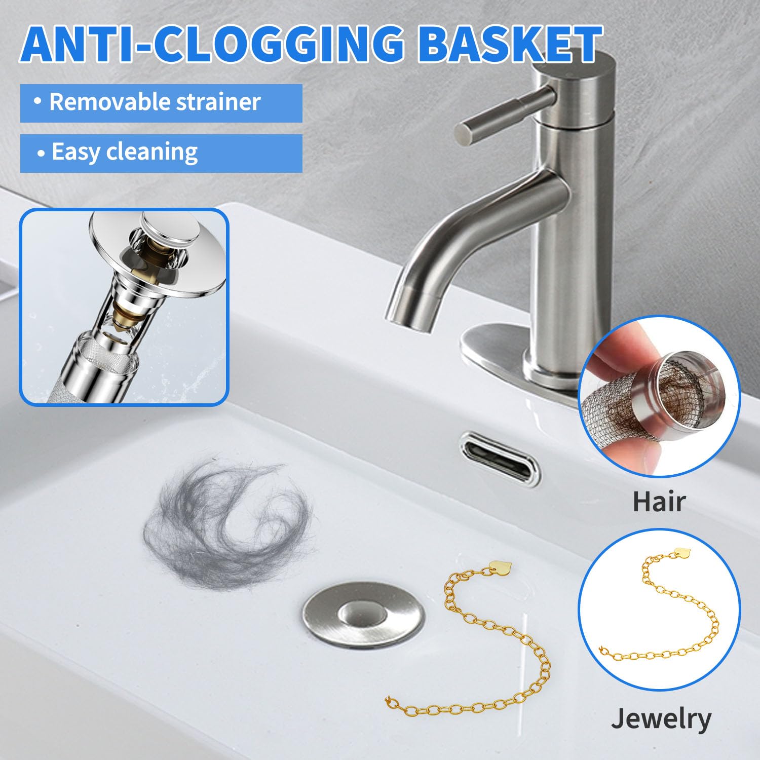 2Pcs Bathroom Sink Drain Strainer for 1.1-1.29 Inch, Pop Up Bathroom Sink Stopper Hair Catcher with Stainless Steel Filter Basket, for US Bathroom Sink Drain Stopper Basin Drain Filter Replacement