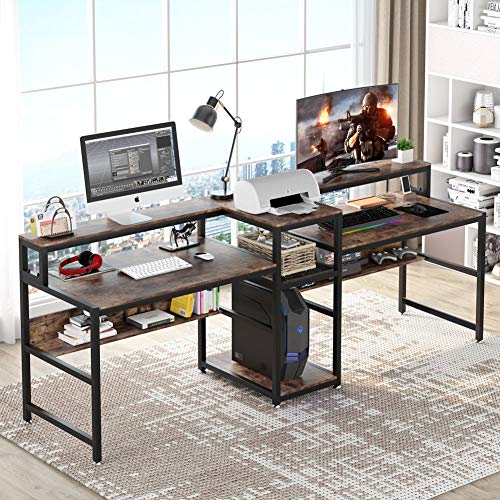 Tribesigns 94.5 inch Double Computer Desk with Storage Shelf, Extra Long Two Persons Desk with Printer Shelf, Large Office Desk Study Writing Table for Home Office (Rustic Brown)