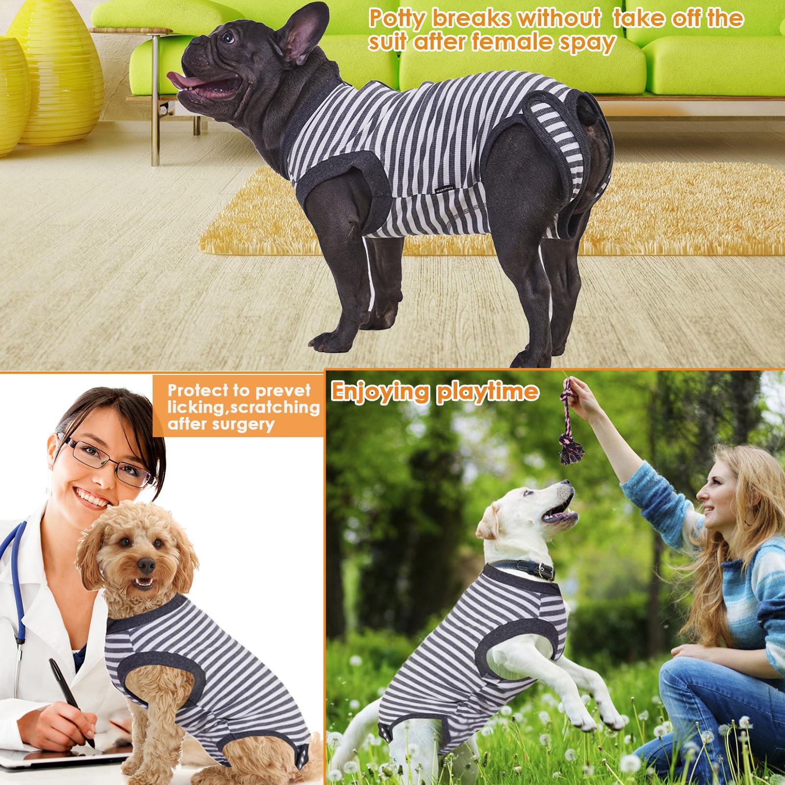 Wabdhally Dog Surgery Recovery Suit,Surgical Suit for Medium Female Spay,Soft Combed Cotton,Grey Striped Zipper Onesie M