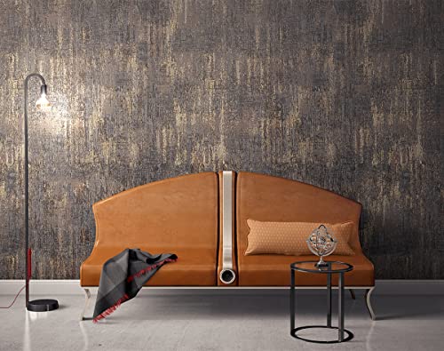 AMINAH DECO Charcoal Gold Classic Distressed Metallic Wallpaper Peel and Stick Wall Paper Texture Self Adhesive Cotact Wall Paper,20.5 in.W X 236.0 in. L