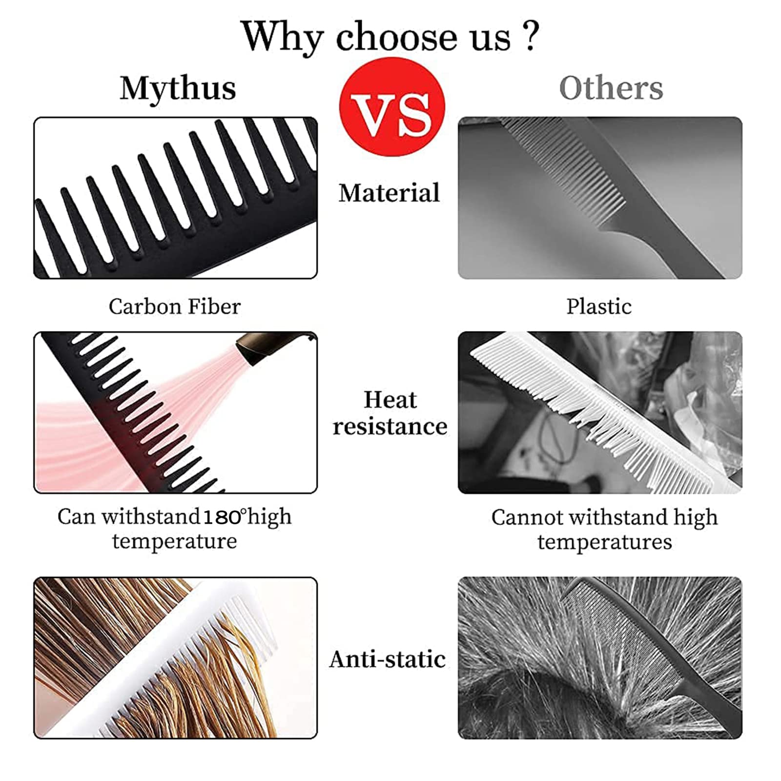CestoMen 9pcs Carbon Fiber Stylist Combs Set, Anti Static Hair Cutting Comb Salon Styling Hairdressing Carbon Combs Rat Tail Comb for All Hair - Black