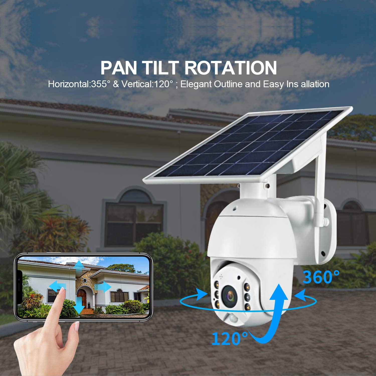 EVERSECU Wireless Solar Powered 2.4Ghz WiFi PTZ Security Camera with Rechargeable Battery Outdoor Home Surveillance, 2-Way Audio, Wire-Free Support Cloud/Local SD Storage, Outdoor Weatherproof