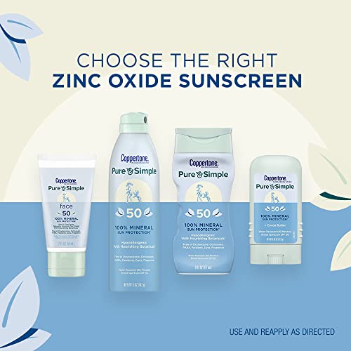 Coppertone Pure & Simple For Face SPF 50 Sunscreen Lotion, Zinc Oxide Mineral Sunscreen Lotion, Water Resistant, Hypoallergenic, Travel Size 2 Ounce