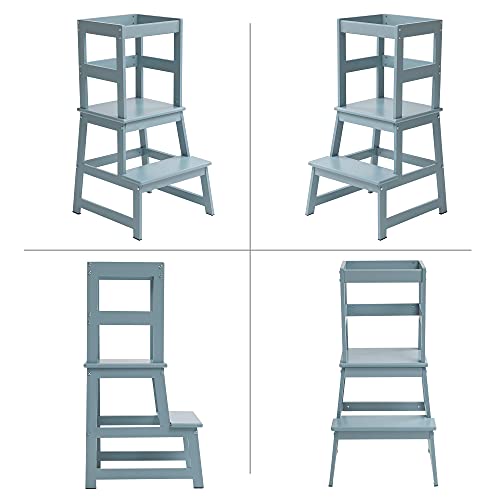 Kitchen Step Stool for Toddlers and Kids with Safety Rails for Kitchen Counter Solid Wood (Baby Blue)