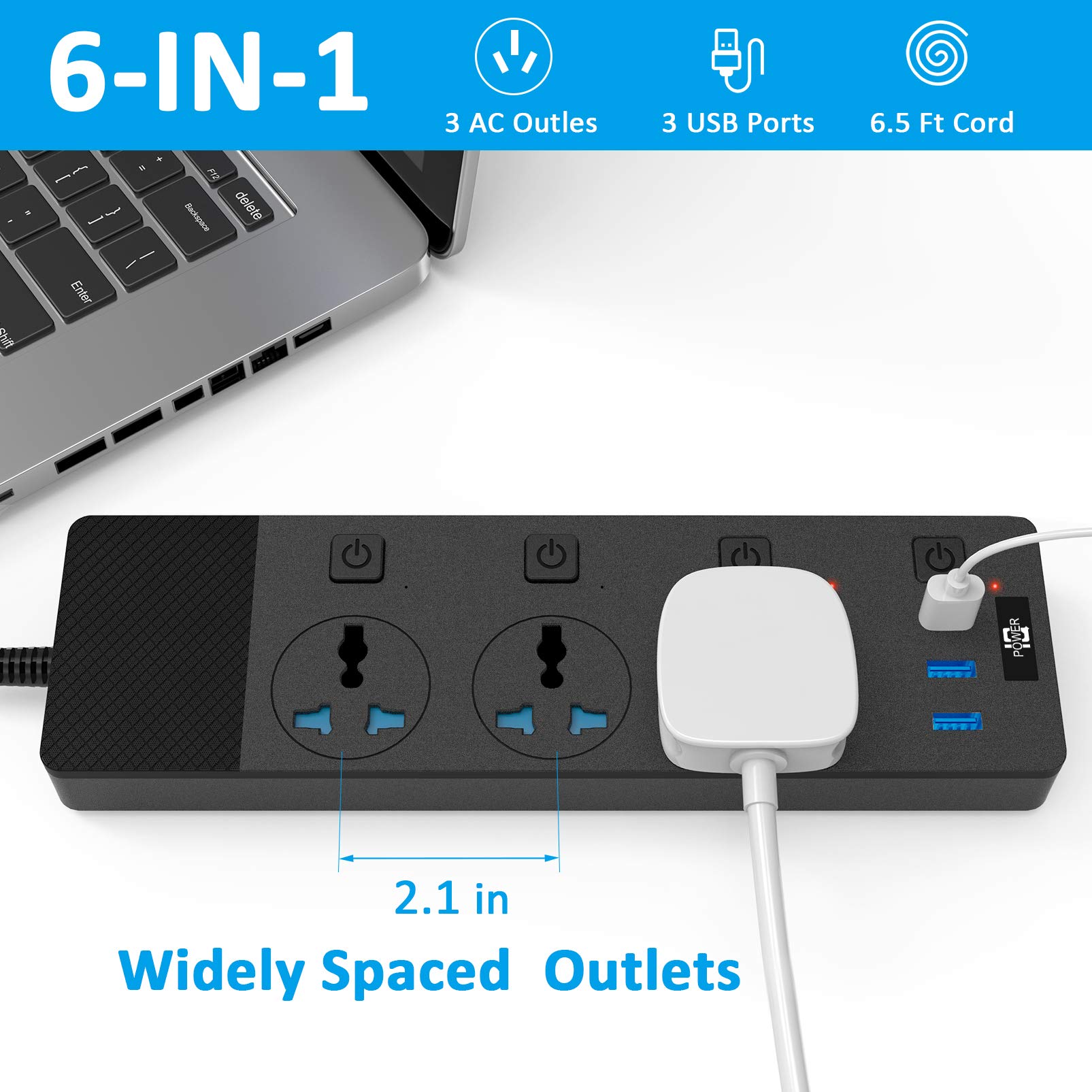 2pcs Black Extension Cords with USB Ports