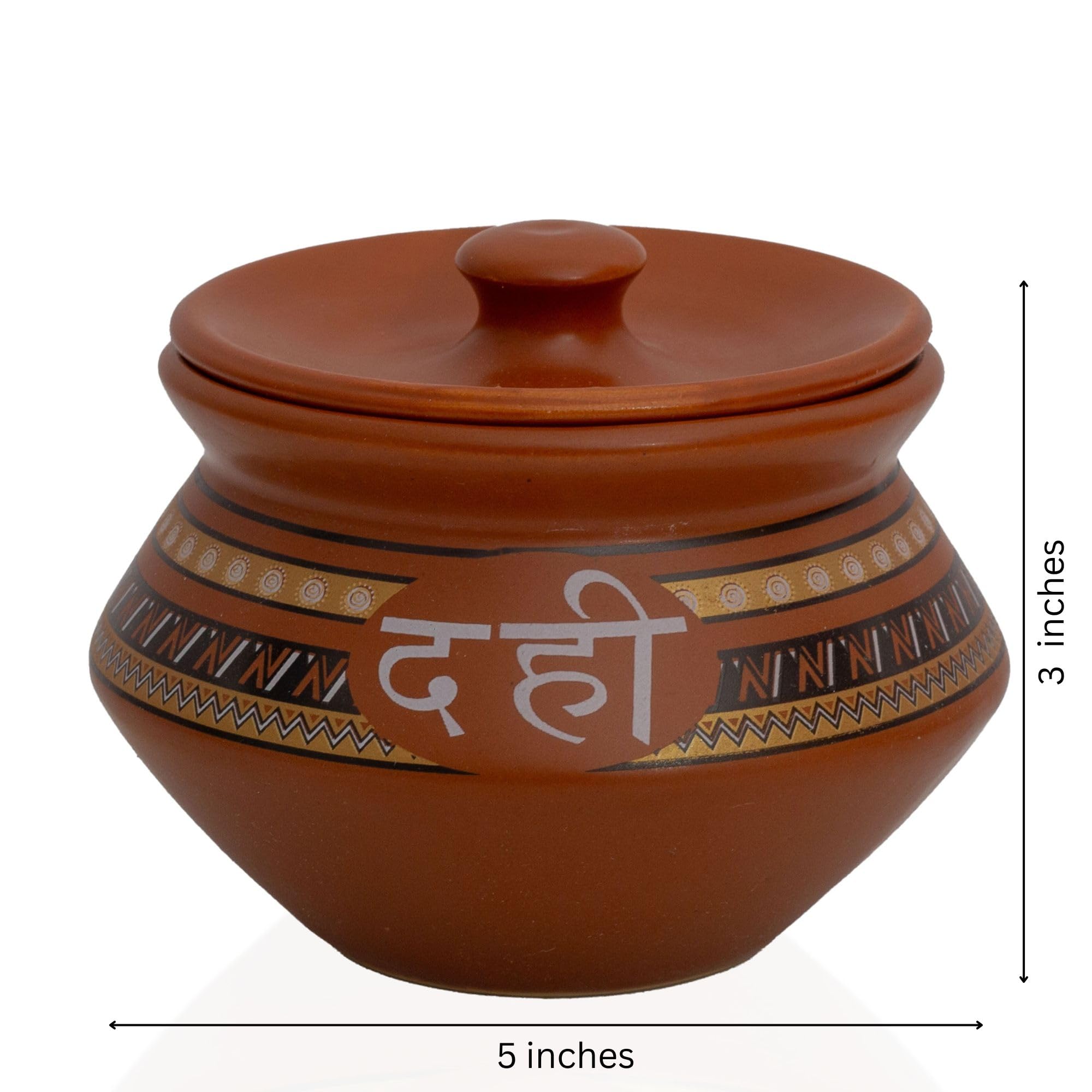 5 Inch Handmade Traditional Dahi Handi Yoghurt Curd Serving Bowl Pot Storage Container With Lid, Earthenware Clay Terracotta Artisanal Pottery, Brown Food Safe Natural Reusable Rustic Eco Friendly