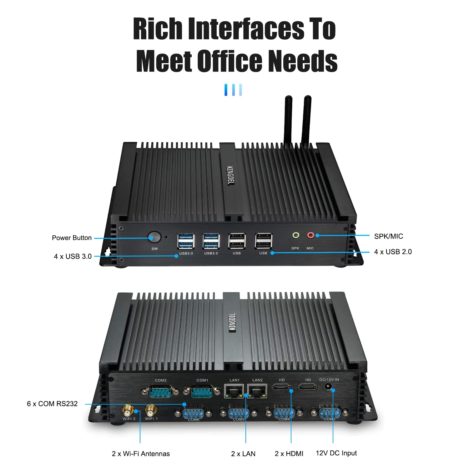 KINGDEL 4k HTPC Mini PC, i5 CPU Office Fanless Computer, 8GB RAM, 128GB SSD, HD Graphics 4400, 6xCOM RS232, 4xUSB 3.0, 2xNICs, 2xHD Ports, Metal Case