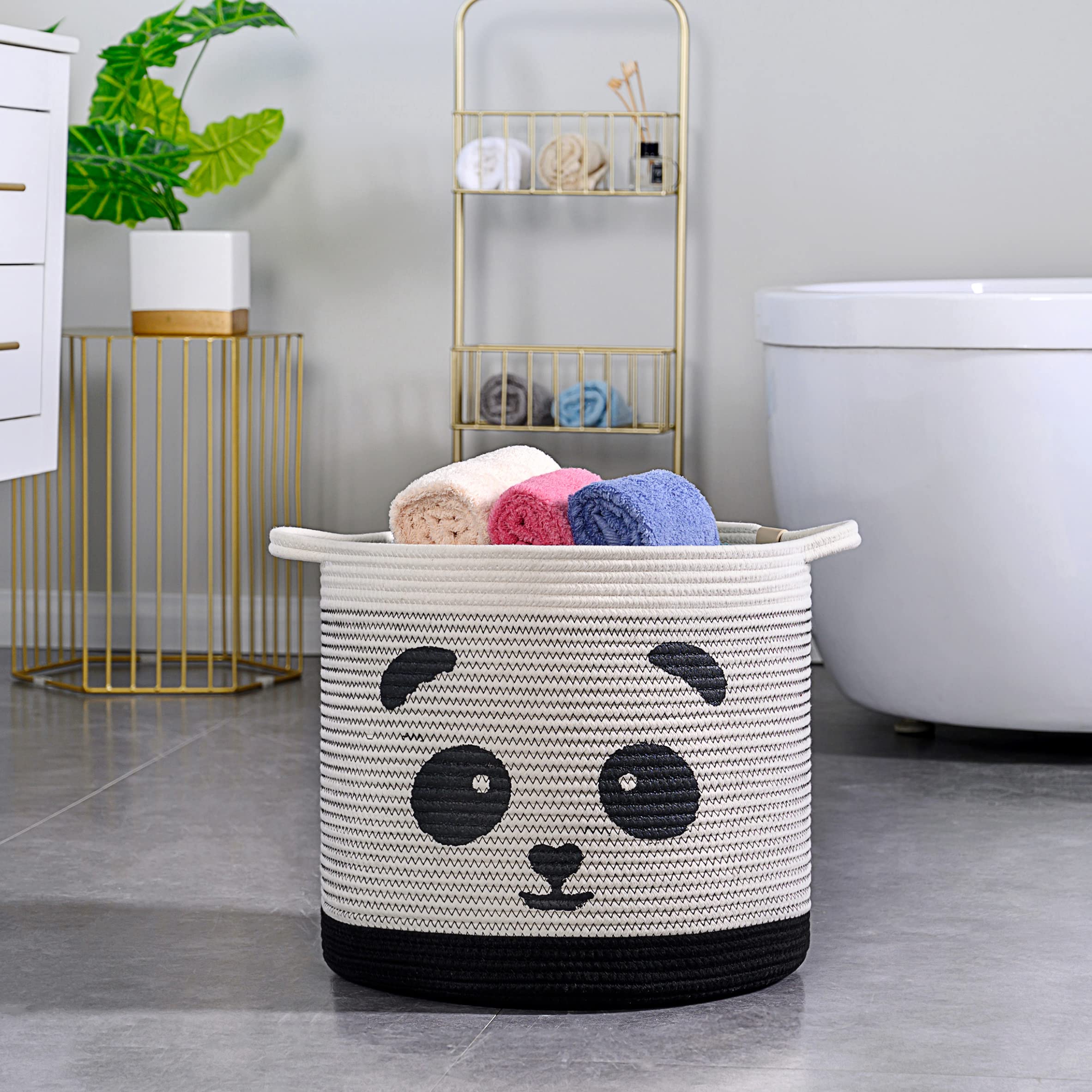 ART pinecone cotton rope basket oval woven storage basket, Cute Dog Toy Basket Cotton Basket Baby Nursery Hamper Shelf Decorative Bin,15"L x 10"W x 9"H (cute Panda, Black & White)