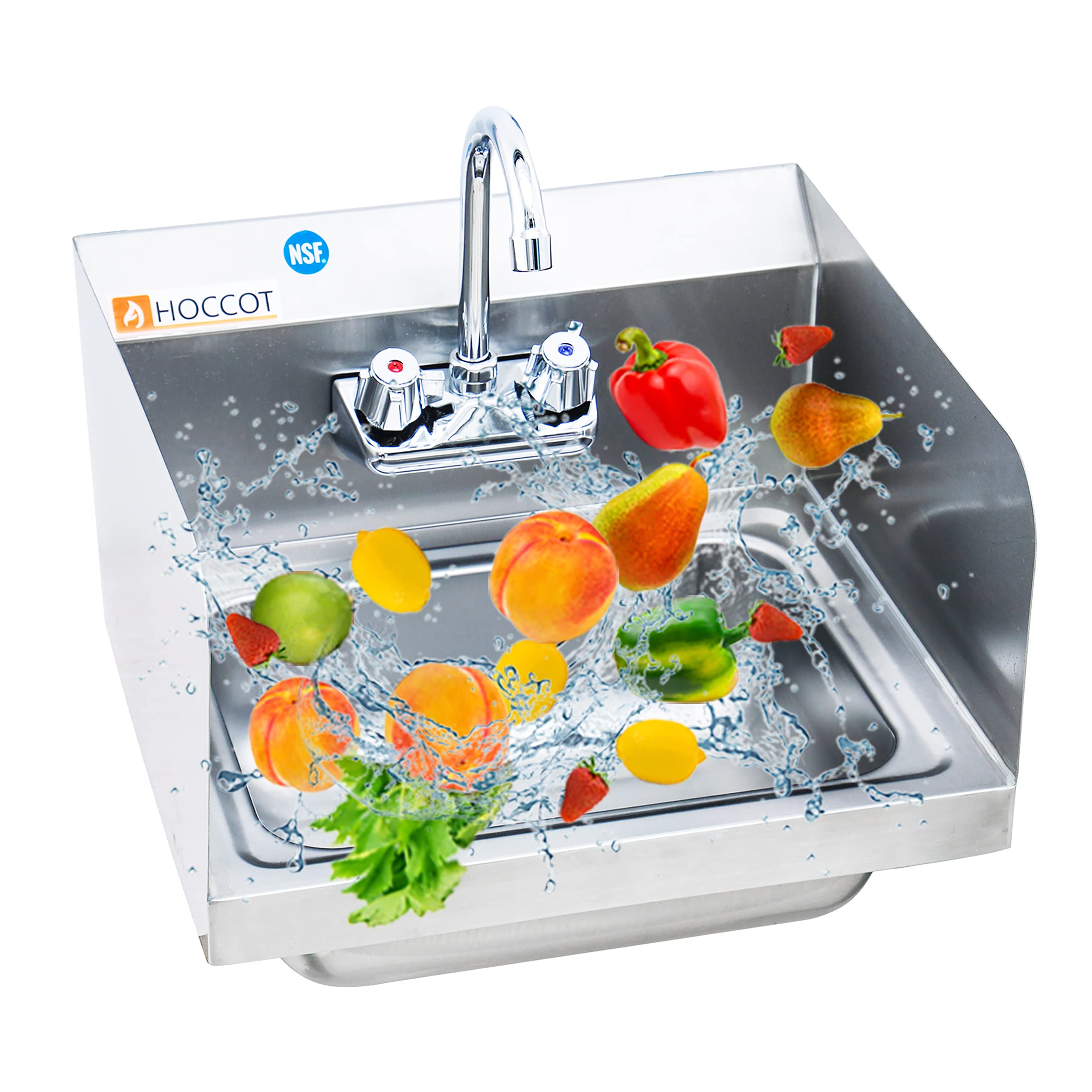 HOCCOT 304 Stainless Steel Sink, Wall Mounted Commercial Restaurant Sink, Hand Washing Sink with Side Splashes, Utility Sink for Restaurant, Kitchen, Bar, Outdoor, Garage, 17"x 15"