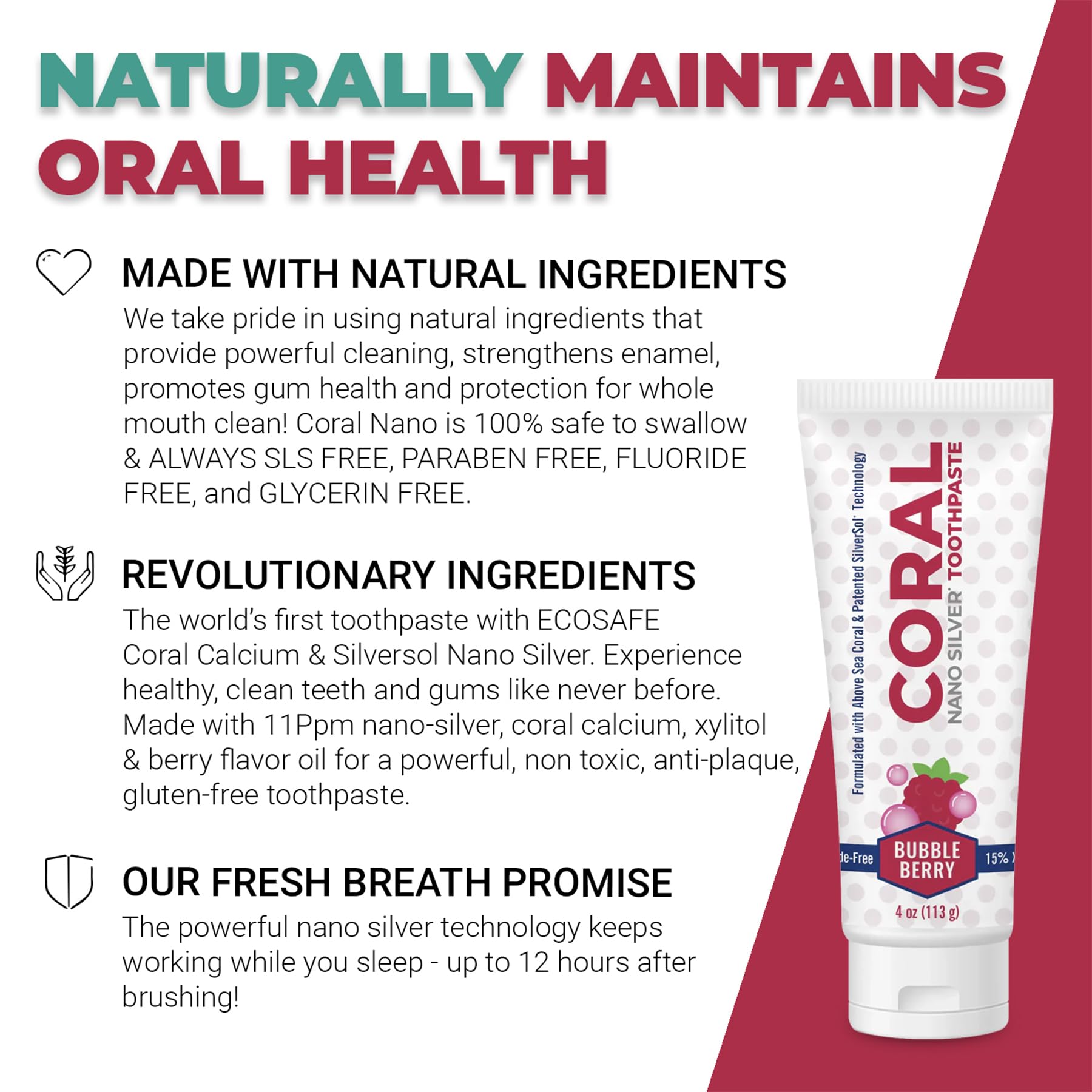 Coral Nano Silver Bubble Berry Kids Toothpaste, Natural Fluoride Free Teeth Whitening Toothpaste, Coral Calcium Nano Silver Infused SLS Free - 4 Ounces (2 Pack)