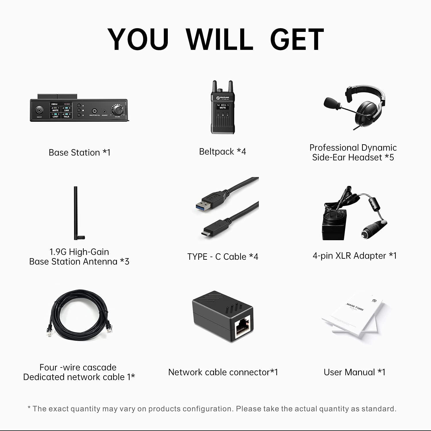 Hollyland Mars T1000 [Official] Full Duplex Wireless intercom System for 5 Users-1 Base Station & 4 Wireless beltpacks with Dynamic Ear Headset & Microphone for Church, Drone, Events, Broadcast.