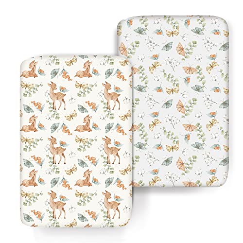 COSMOPLUS Stretch Pack n Play Sheets 2 Pack, Mini Crib Sheets Sets Fitted Pack and Play Sheets Playard Sheets Ultra Stretchy Soft,Butterfly Deer
