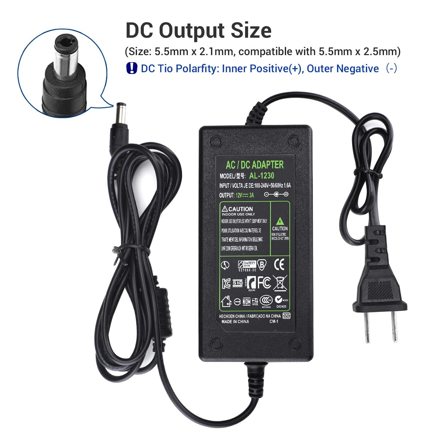 DC 12V 3A Power Adapter, US Plug, 4.6FT Power Cord, 36 Watt AC 100-240V to DC 12Volt Transformers, Switching Power Supply for LED Strip Light, Camera, Wireless Router 2.1mm X 5.5mm