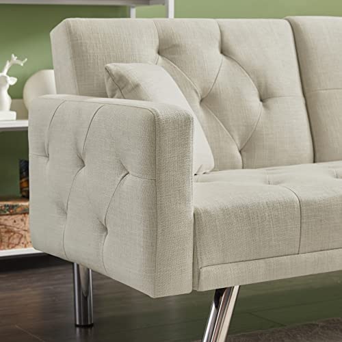 3 in 1 Comfy Daybed Loveseat Convertible Sleeper Couch Bed, Linen Tufted Upholstered Futon Love Seat Sofabed W/Drop-Down Cupholders & Metal Legs for Home Office Apartment Compact Space Living Room