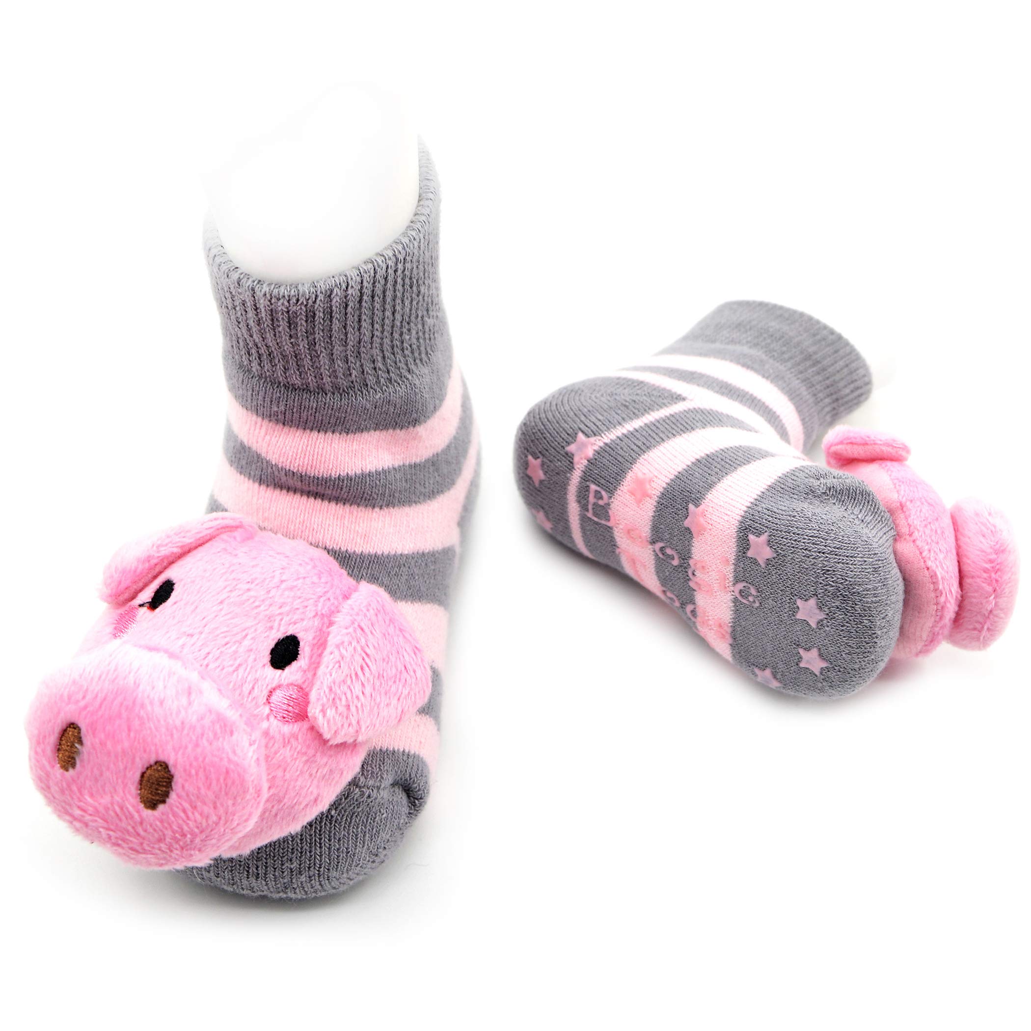 Gray/Pink Piggy Boogie Toes Rattle Sock, 1-Pair (1-2Y) Rattles Foot Finder, Rattle Sock Baby Toddler Toy, Present Gift for Newborn Infant Babies Boy Girl Bebe