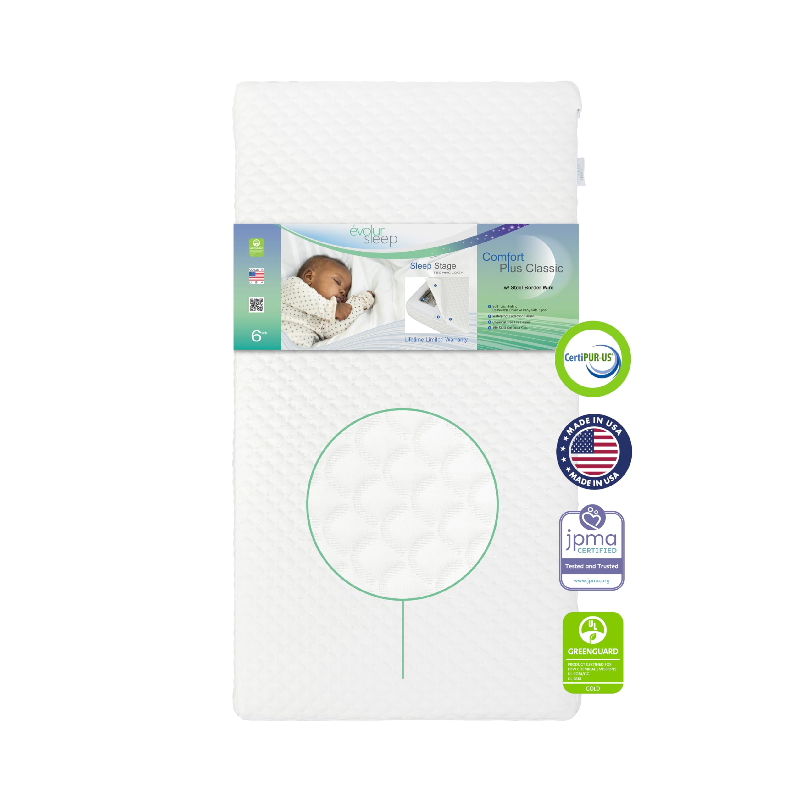 Evolur Comfort Plus Classic 150 Coil Inner Spring Crib & Toddler Mattress, Removable Soft Zipper Cover, Waterproof Greenguard Gold Certified