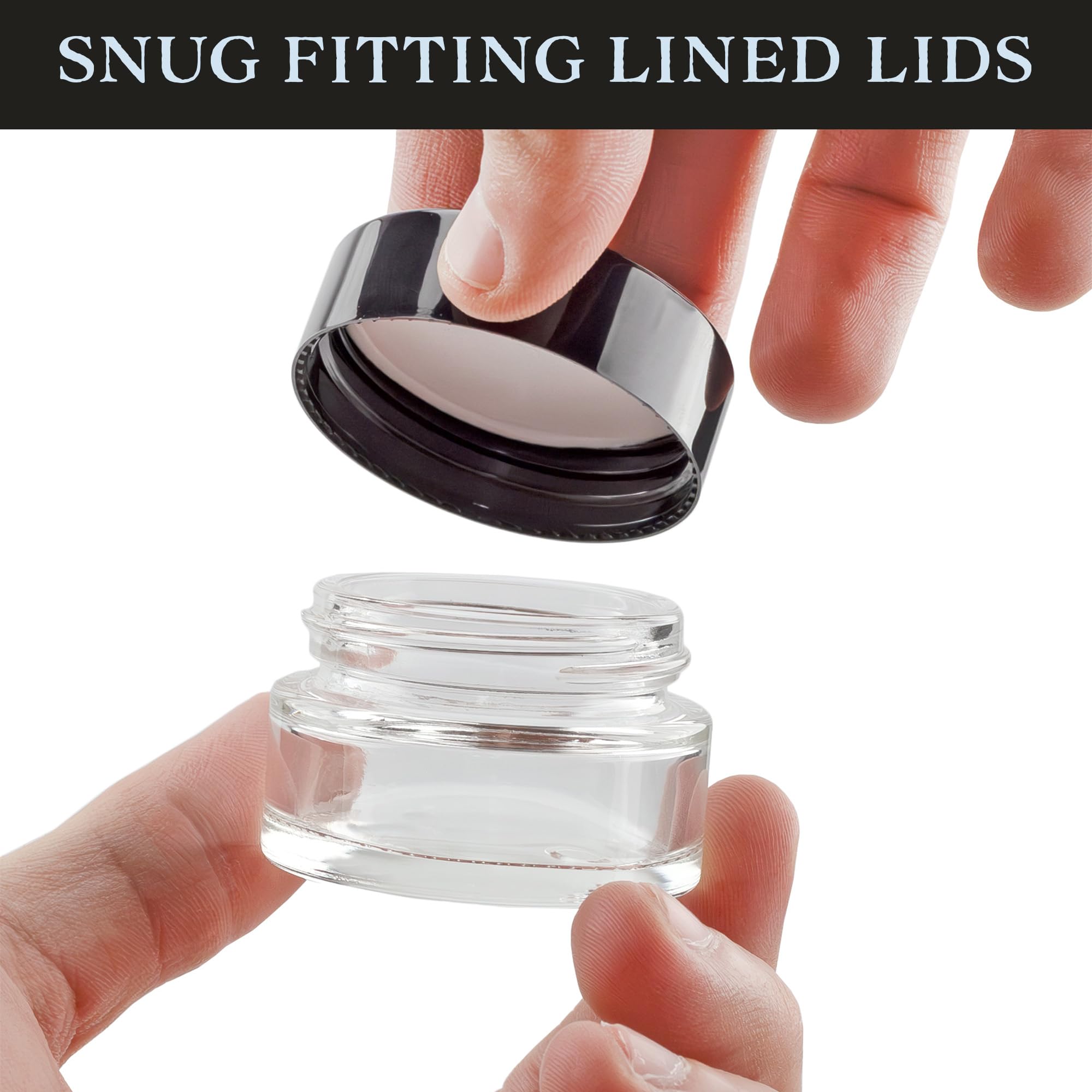 Cornucopia 15-Milliliter Clear Glass Balm Jars (12-Pack); 1/2 oz Cosmetic Jars with Lined Black Plastic Lids