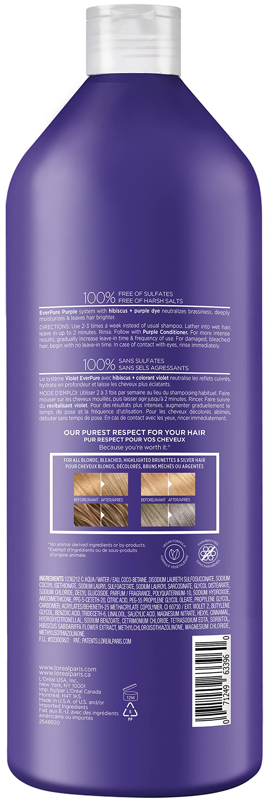 L’Oréal Paris EverPure Sulfate Free Brass Toning Purple Shampoo for Blonde, Bleached, Silver, or Brown Highlighted Hair, 33.8 Fl; Oz (Packaging May Vary)