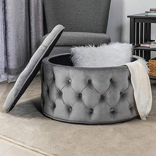 Homebeez Round Velvet Storage Ottoman, Button Tufted Footrest Stool Coffee Table for Living Room (Grey)