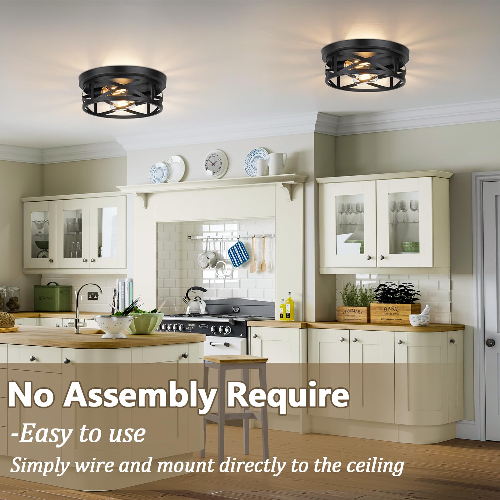 2-Light Flush Mount Ceiling Light Fixtures, 2-Pack Farmhouse Black Ceiling Lights, Industrial Metal Cage Light Fixtures Ceiling Mounted with Adjustable Head, Ceiling Lights for Bedroom Hallway Kitchen