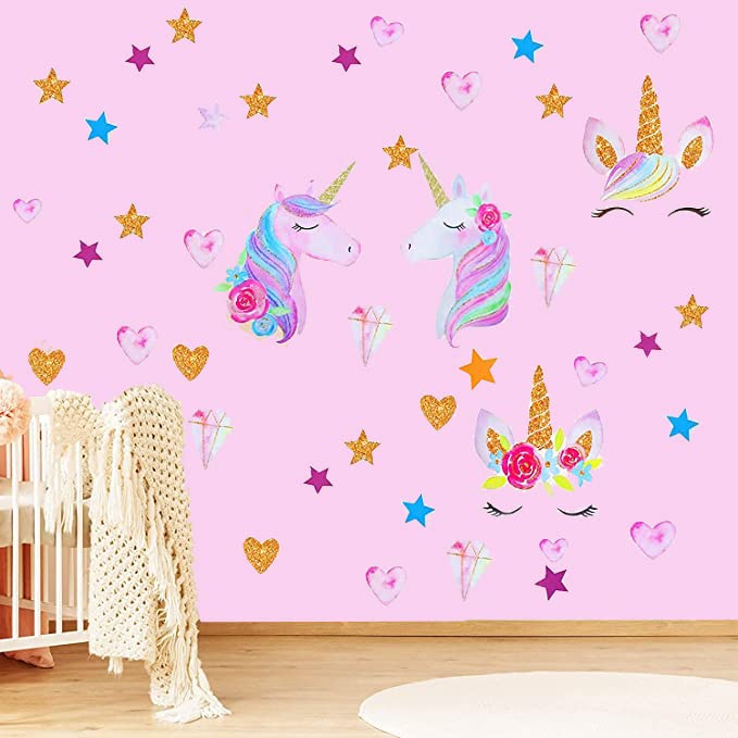 VISCAL 3 Sheets Unicorn Wall Decals Removable Wall Decor Vinyl Stickers Mural Home Decor Bedroom Nursery Birthday Party Christmas Gift for Girls Kids