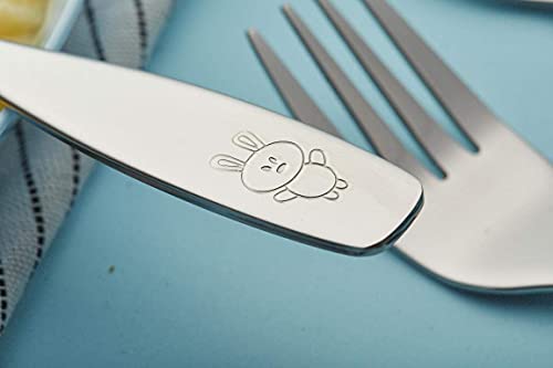 ANNOVA Children's Flatware 18 Pieces Set - Stainless Steel Cutlery/Silverware 6 x Safe Forks, 6 x Dinner Knife, 6 x Dinner Spoons - Safe Kids Toddler Utensils Lunch Box (Engraved Dog Cat Bunny)
