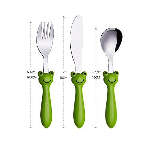 ANNOVA Kids Silverware 6 Pieces Set Children's Flatware - Stainless Steel Cutlery - 3 x Safe Forks, 3 x Dinner Spoons - Safe Toddler Utensils Without Knives for Lunch Box BPA Free (Frog x 6 PCS)