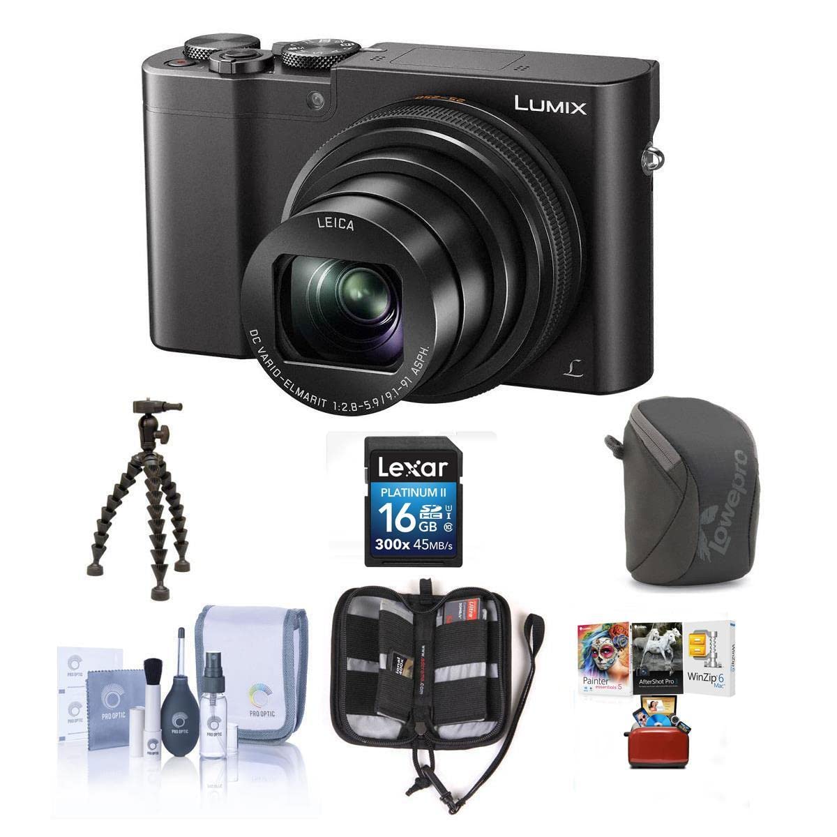 Panasonic LUMIX ZS100 4K Digital Camera, 20.1 Megapixel 1-Inch Sensor, 10X Zoom Leica Lens DMC-ZS100K (Black), Bag + Tripod + 16GB SD Card/Case + Corel Mac Software Pack + Cleaning Kit