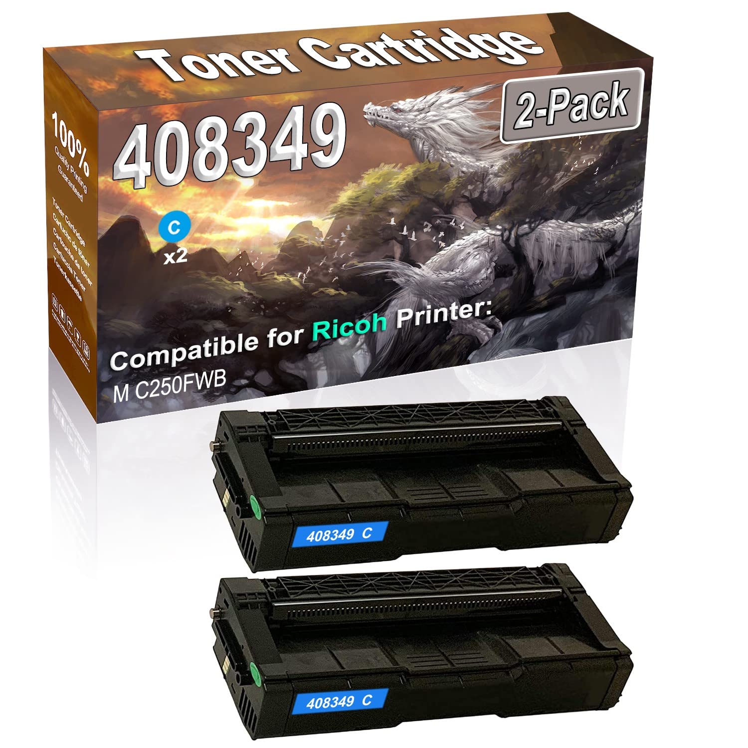 2-Pack (Cyan) Compatible M C250FWB Color Toner Cartridge (High Capacity) Replacement for Ricoh M C250 (408349) Toner Cartridge