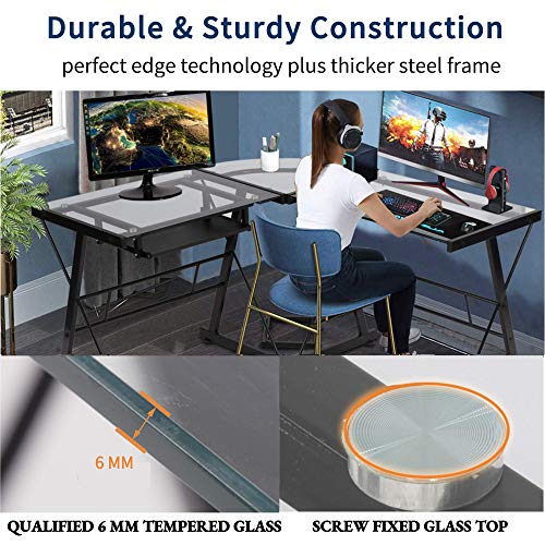 Reversible L-shaped Computer Corner Desk, Modern Toughened Glass L Shaped Round Corner Desk with Keyboard Tray & CPU Stand, PC Laptop Writing Gamer Workstation for Home Office Small Spaces (Clear)