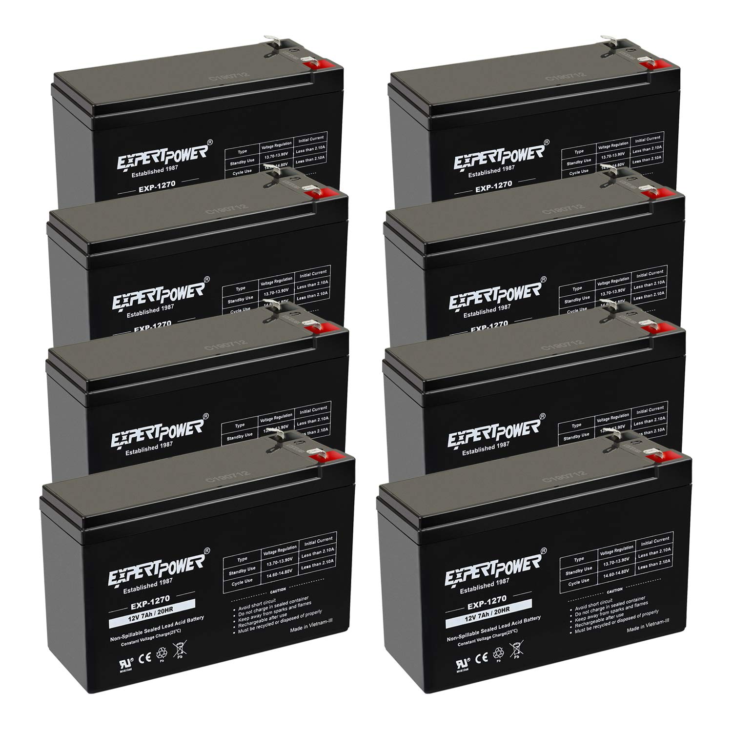 ExpertPower 12v 7ah Rechargeable Sealed Lead Acid Battery || EXP1270|| Replaces APC Back-UPS ES 500 VA, BE500C, BE500U (8 Pack)