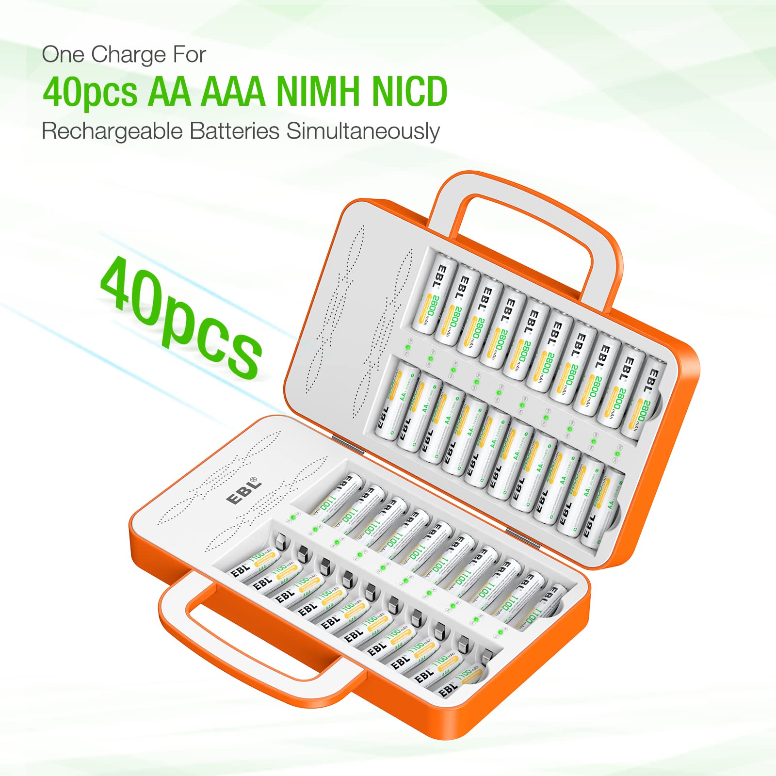 EBL 40Slot Battery Charger for 1/2/3...19/20/21...38/39/40 pcs AA AAA Rechargeable Batteries - Advanced Multiple Battery Charger - Handle Design(Batteries not Included)