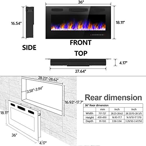 ANDAXIN Recessed and Wall Mounted 36" Electric Fireplace, Wall Fireplace Electric with Remote Control and Timer, Adjustable Flame Color and Speed, Touch Screen, 750-1500W, Black