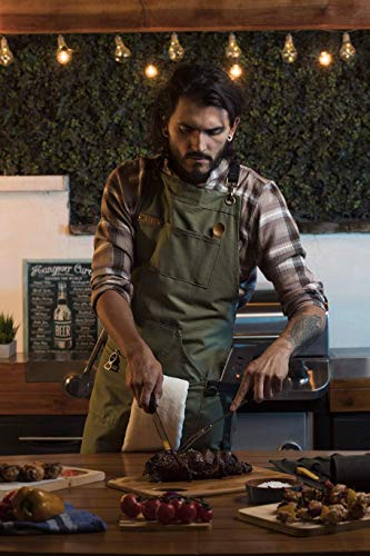 Asaya Chef, BBQ and Work Apron with Bottle Opener and Hand Towel - Durable 10oz Cotton Canvas, Brass Hardware and Cross Back Straps - For Men, Women, Grilling, and Cooking (Green)