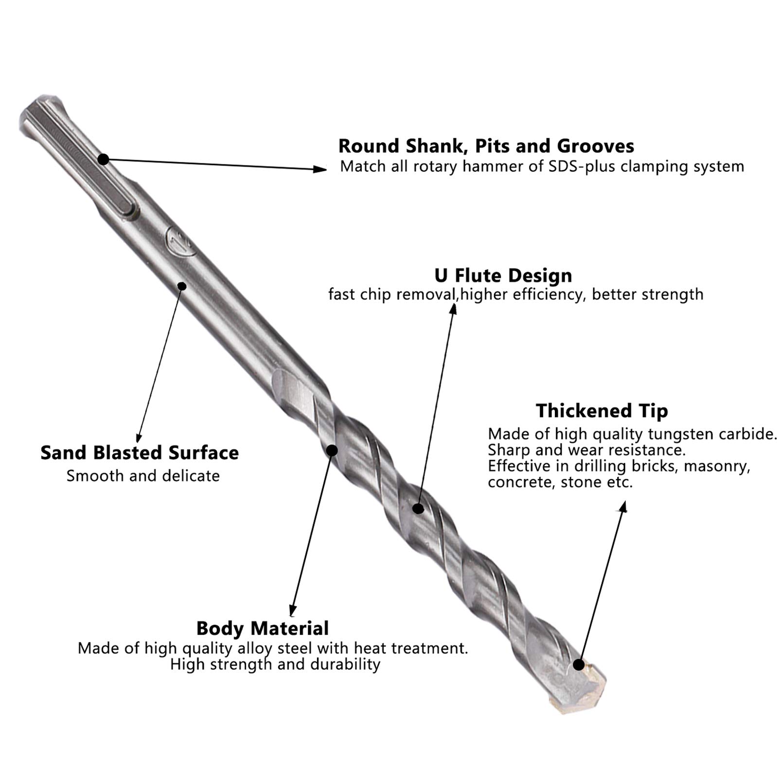 HighFree 11 Pieces SDS Plus Rotary Hammer Drill Bits Set Including Chisels Bits and Carbide Tip Twist Drill Point Bits for Brick, Cement and Concrete Demolition