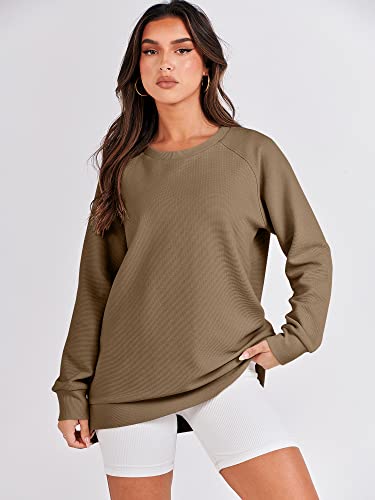 ANRABESS Women's Fall Casual Soft Long Sleeves Sweatshirts Pullover Tunic Tops Split Blouse with Side Zipper Teen Girls Trendy 2023 A1073-kaqi-L Khaki