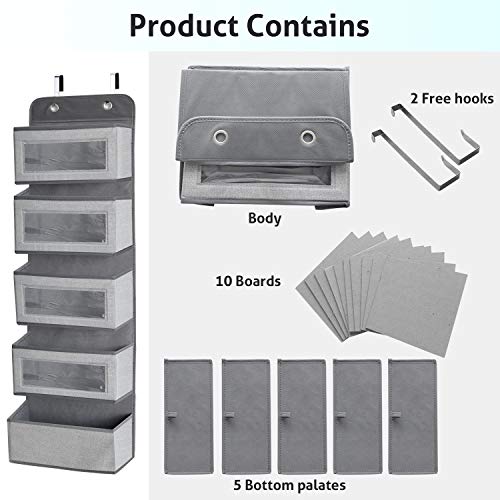 homyfort Over the Door Hanging Organizer Storage with 5 Large Pockets,Wall Mount Storage with Clear Windows and 2 Widened Metal Hooks for Pantry,Nursery,Diapers,Bathroom,kitchen,Closet,Dorm(Grey)