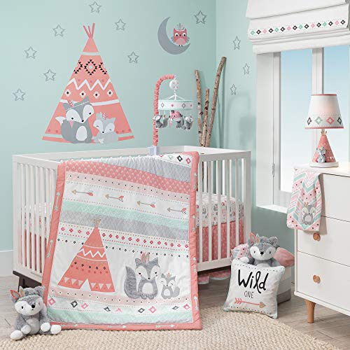 Lambs & Ivy Little Spirit Coral/White/Blue Chevron Fox Luxury Baby Blanket