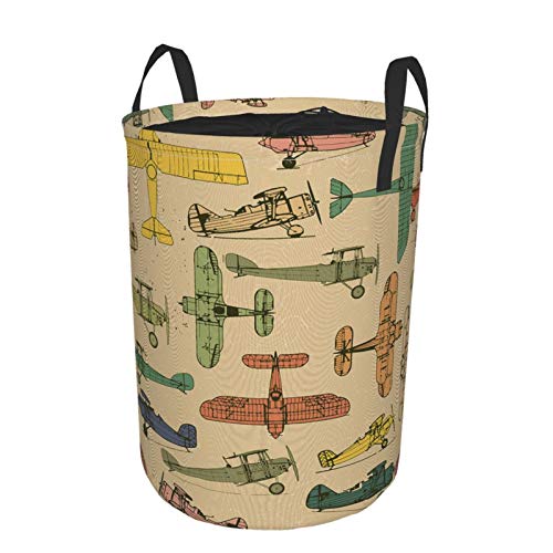 Large Round Storage Basket with Handles,Airplanes Retro Seamless Pattern On Vintage,Waterproof Coating Organizer Bin Laundry Hamper for Nursery Clothes Toys 21.5"x 16.5"