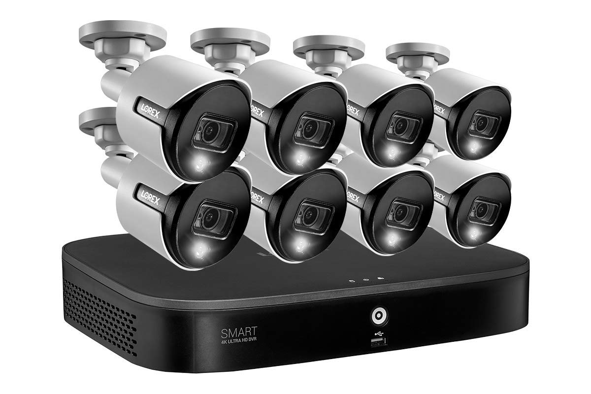 Lorex 4K Security Camera System, Ultra HD Indoor/Outdoor Wired Bullet Cameras with Motion Detection Surveillance, Active Deterrence and Smart Home Compatibility, 2TB 16 Channel DVR, 8 Cameras
