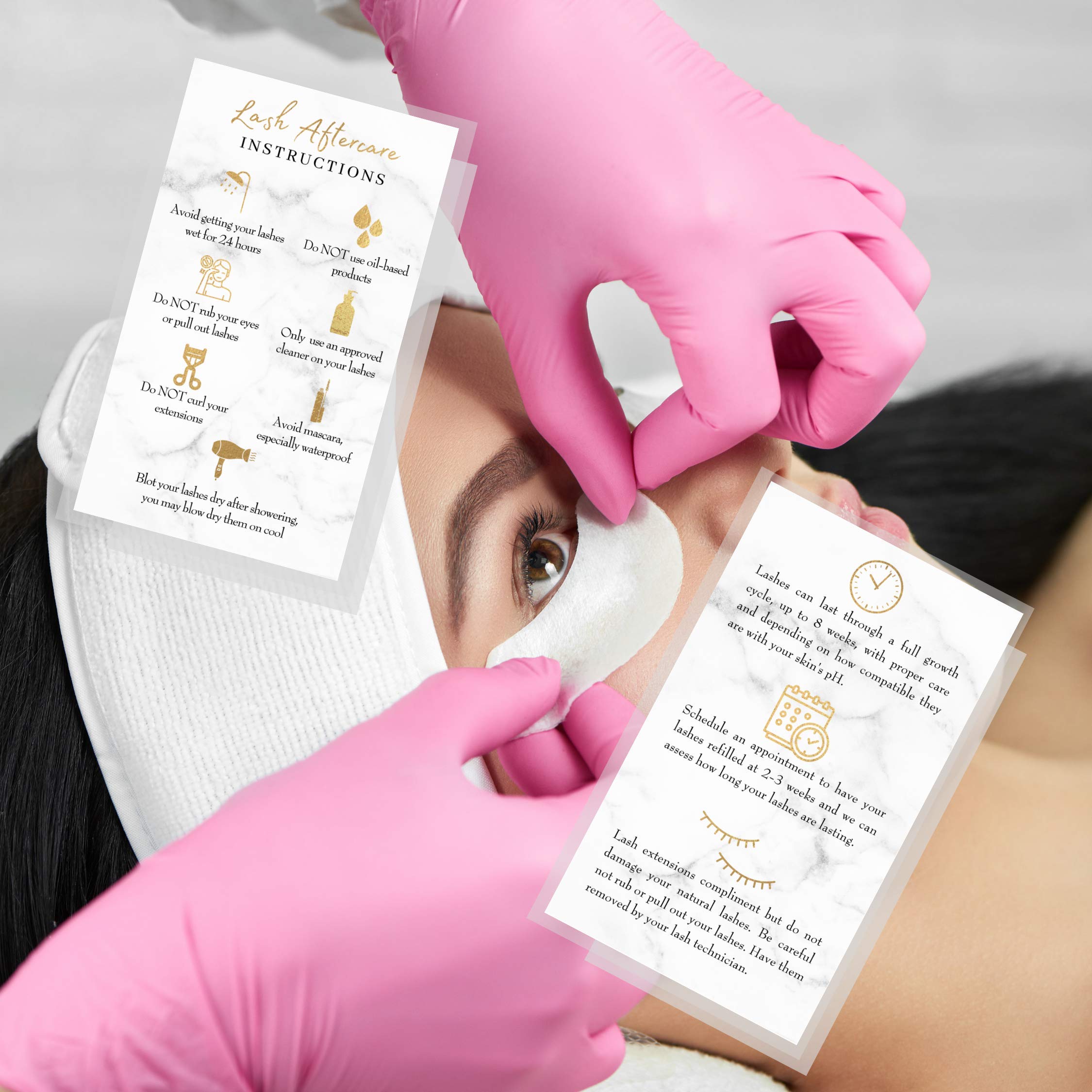 Lash Extension Aftercare Instructions Cards | 50 Pack | Double Sided Size 3.5 x 2" inches After Care (2-3 Week Fillers) | Marble Look with Gold Icons Design