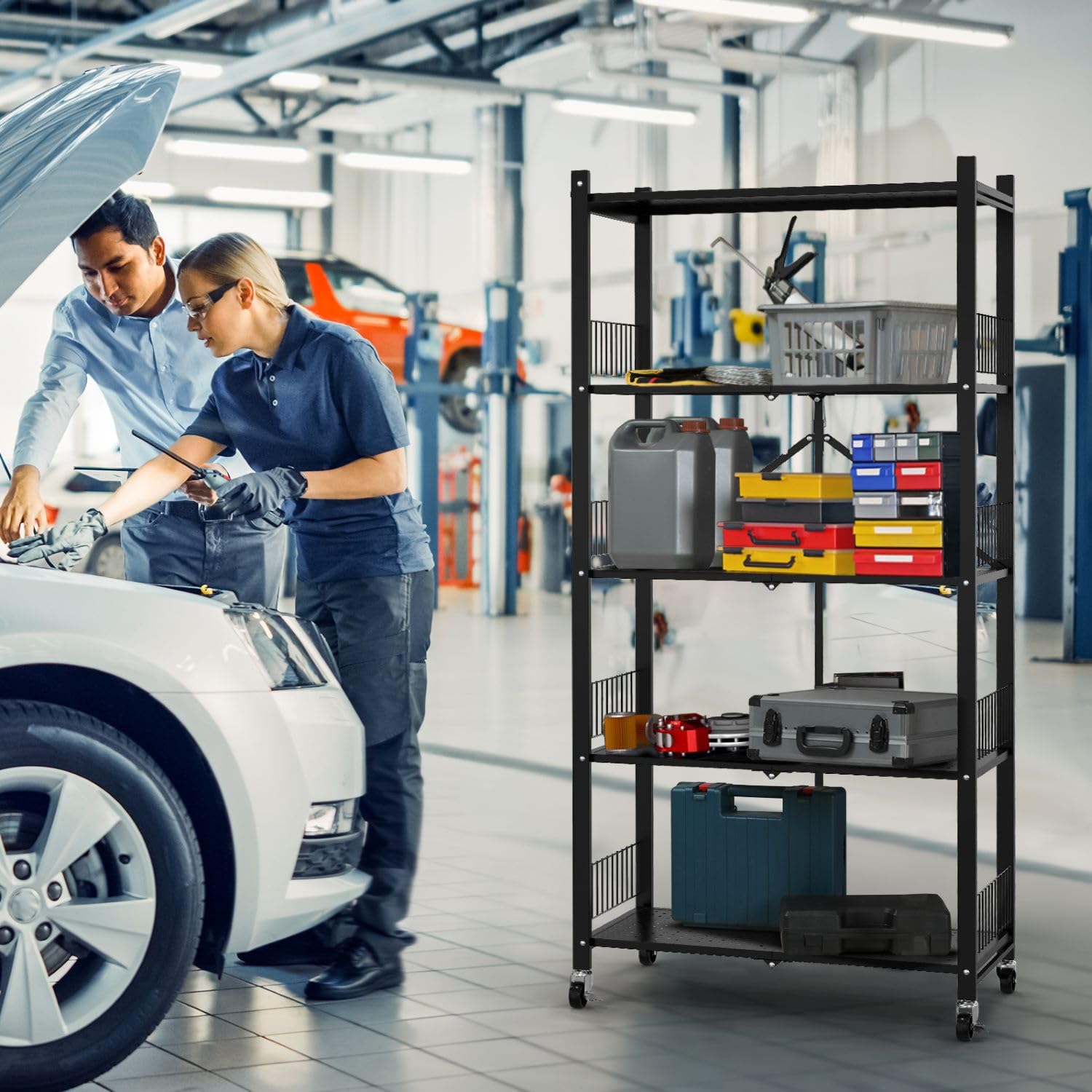 GUUVOR Shelf Collapsible/Foldable Heavy Duty Shelving Unit, Steel Organizer Wire Rack with Wheels, Rolling Cart, Home Kitchen Laundry Closet Storage (5-Tier)