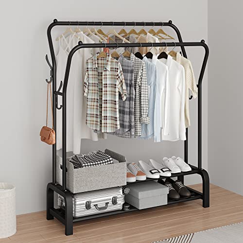 ACCSTORE Garment Rack Clothes Rack Freestanding Hanger Double Rails Bedroom Clothing Rack with 2-Tier Lower Storage Shelf,Black