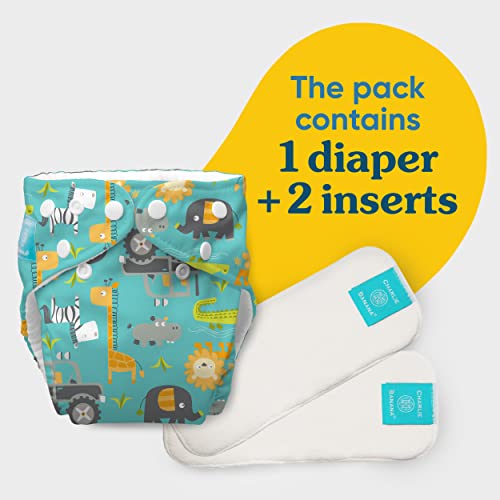 Charlie Banana Baby Fleece Reusable and Washable Cloth Diaper System, 1 Diaper and 2 Inserts, Gone Safari, One Size