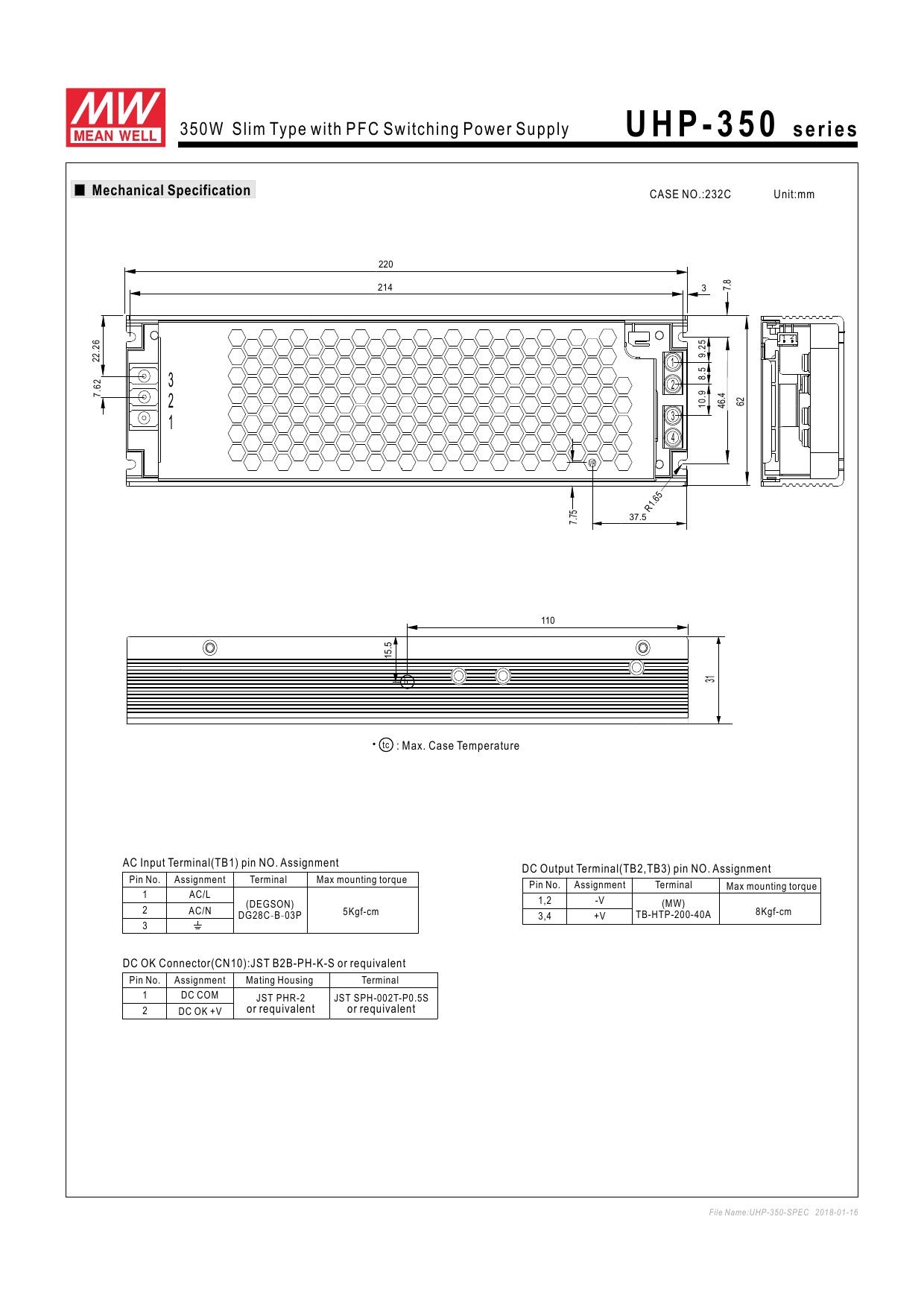 MEAN WELL UHP-350 350W Slim Type with PFC Switching Power Supply (UHP-350-5)