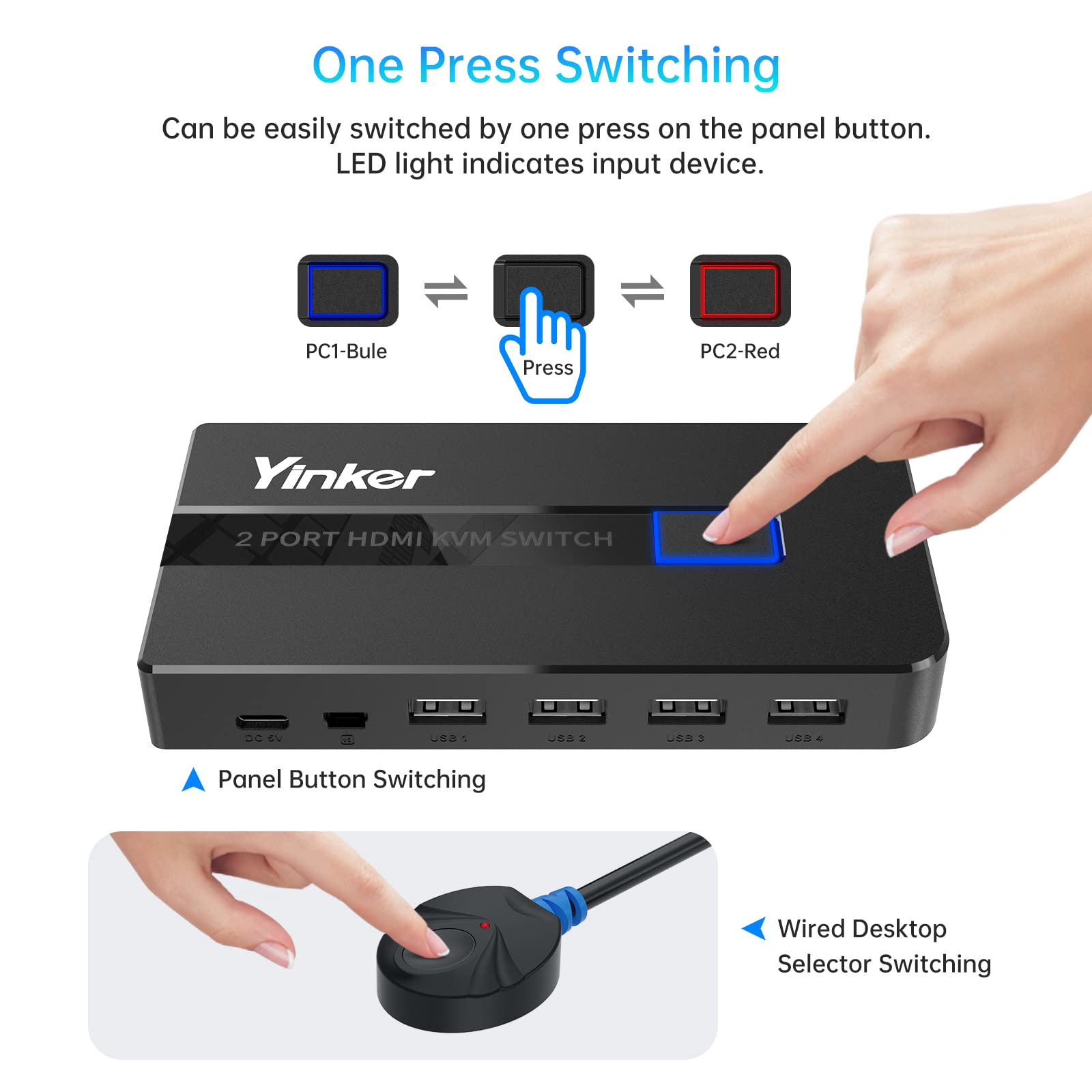 4K HDMI KVM Switch 2 Port, 4K@60Hz USB KVM Switch for 2 Computers 1 Monitor, w/2 KVM Cables & Wired Selector & 4 USB 2.0 Hubs