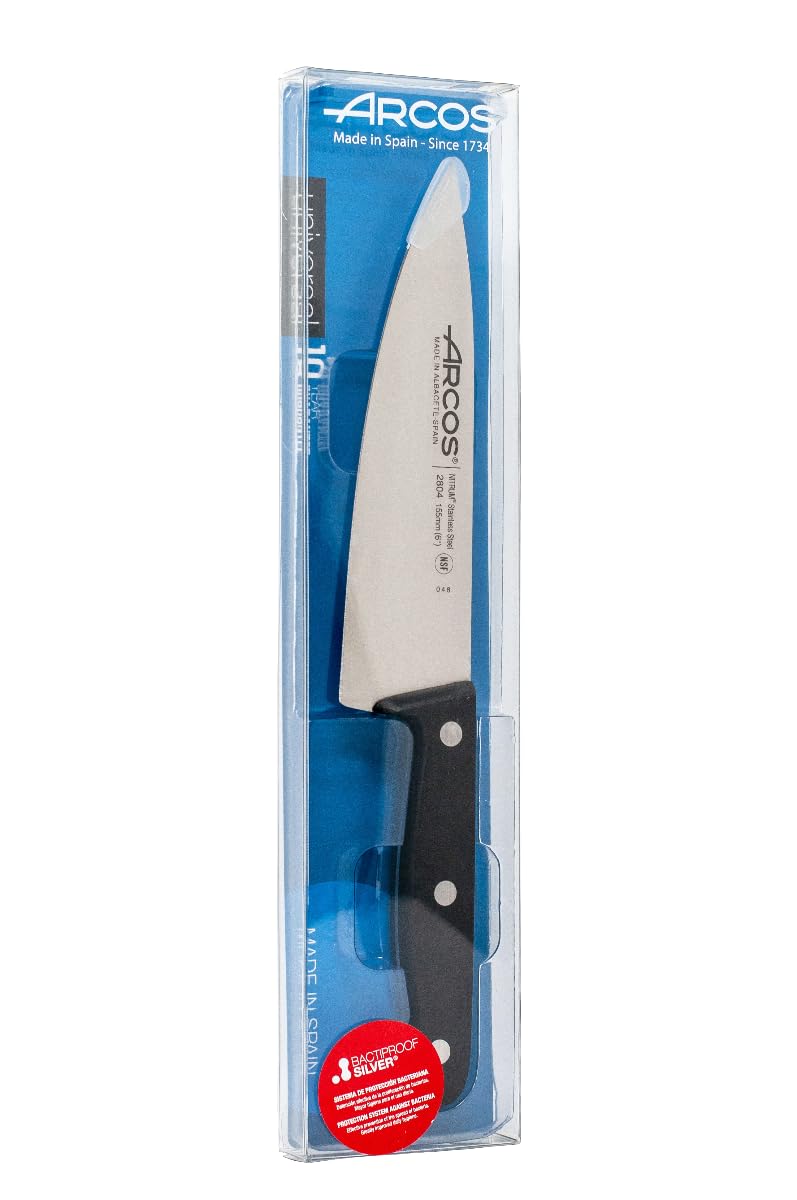 ARCOS Chef Knife 6 Inch Stainless Steel. Cooking Knife to Cut and Peel Small Food. Ergonomic Polyoxymethylene Handle and 155mm Blade. Series Universal. Color Black
