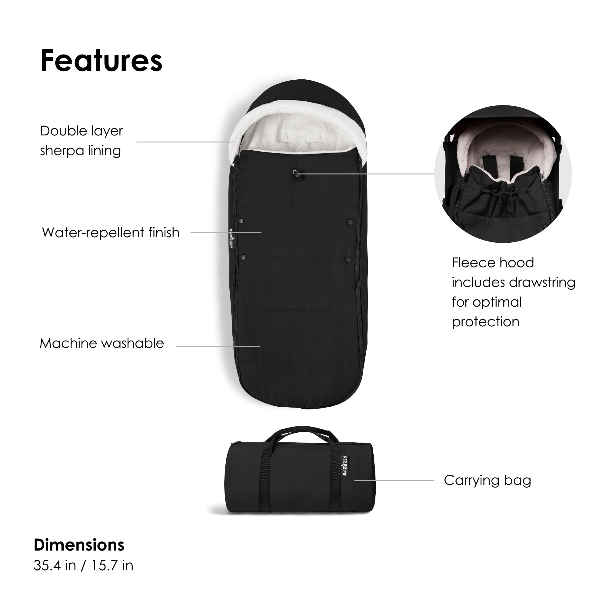 Babyzen YOYO Footmuff, Black - Sherpa Lining & Fleece Hood with Drawstring to Keep Baby Warm - Includes Carrying Bag - Machine Washable