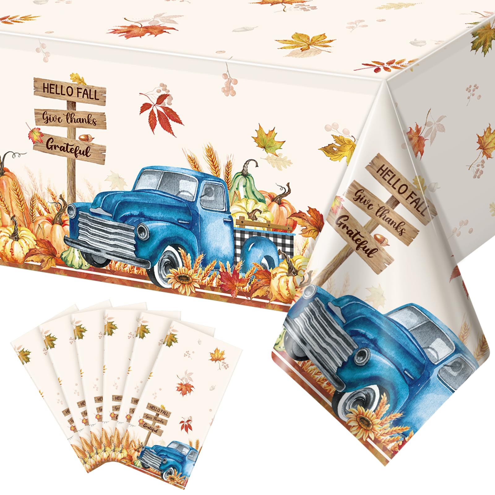 3 Pack Fall Tablecloth for Rectangle Tables, Disposable Fall Pumpkin Thanksgiving Table Cover, Maple Leaf Truck Fall Farmhouse Plastic Table Cloth for Autumn Thanksgiving Harvest Party Decorations